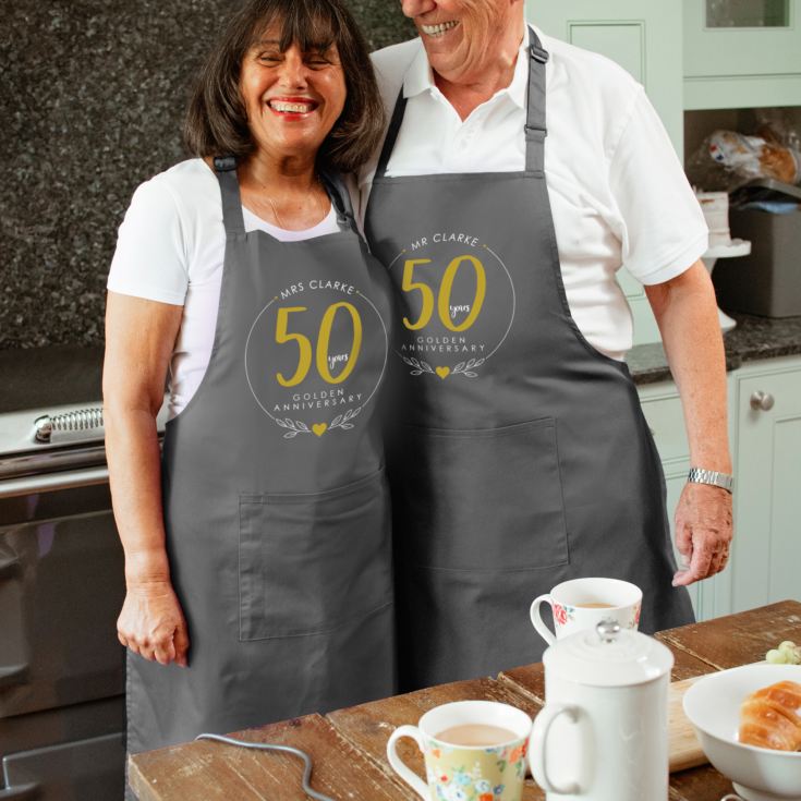 Personalised Pair Of 50th Anniversary Grey Aprons | The Gift Experience