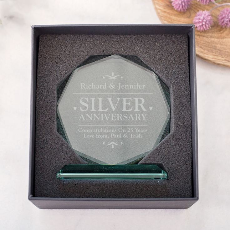 Personalised Silver Anniversary Glass Octagon Award | The Gift Experience